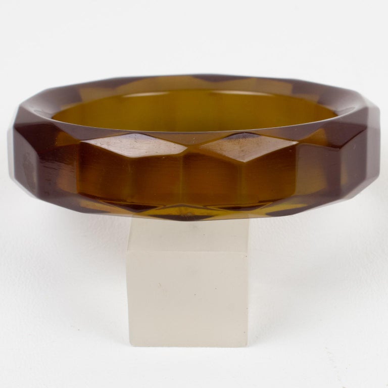 Carved and Faceted Bakelite Bracelet Bangle Prystal Olive Oil For Sale ...