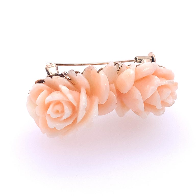Carved Angel Skin Coral and 18K Rose Gold Flower Brooch Pin For Sale at ...