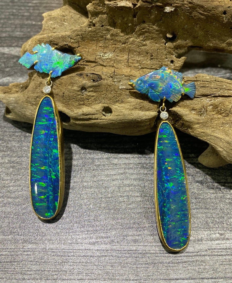 Carved Australian Boulder Opal and Diamond Earrings, 18k Yellow Gold ...