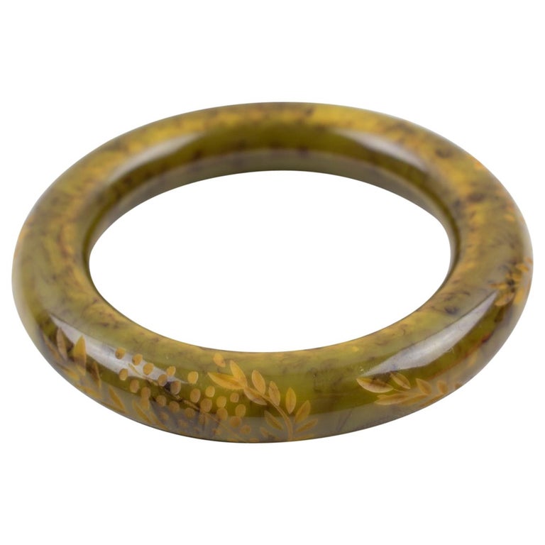 Carved Bakelite Bracelet Bangle Asparagus Green and Black For Sale at ...