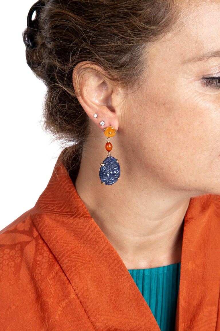 Carved Blu Sapphire, Amber 18 Karat Gold Earrings For Sale at 1stDibs