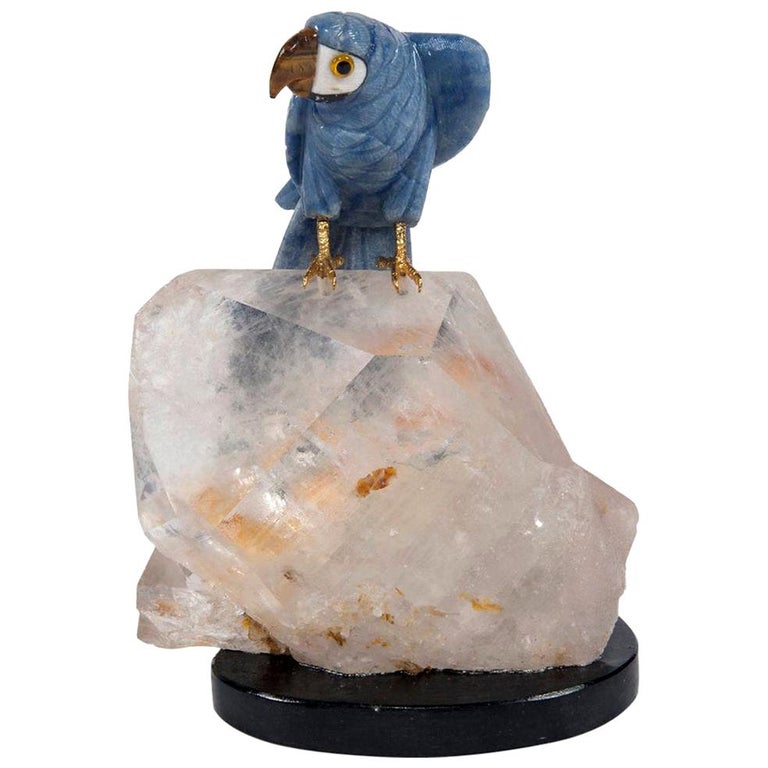 Carved Blue Stone Parrot on Quartz Sculpture For Sale at 1stDibs