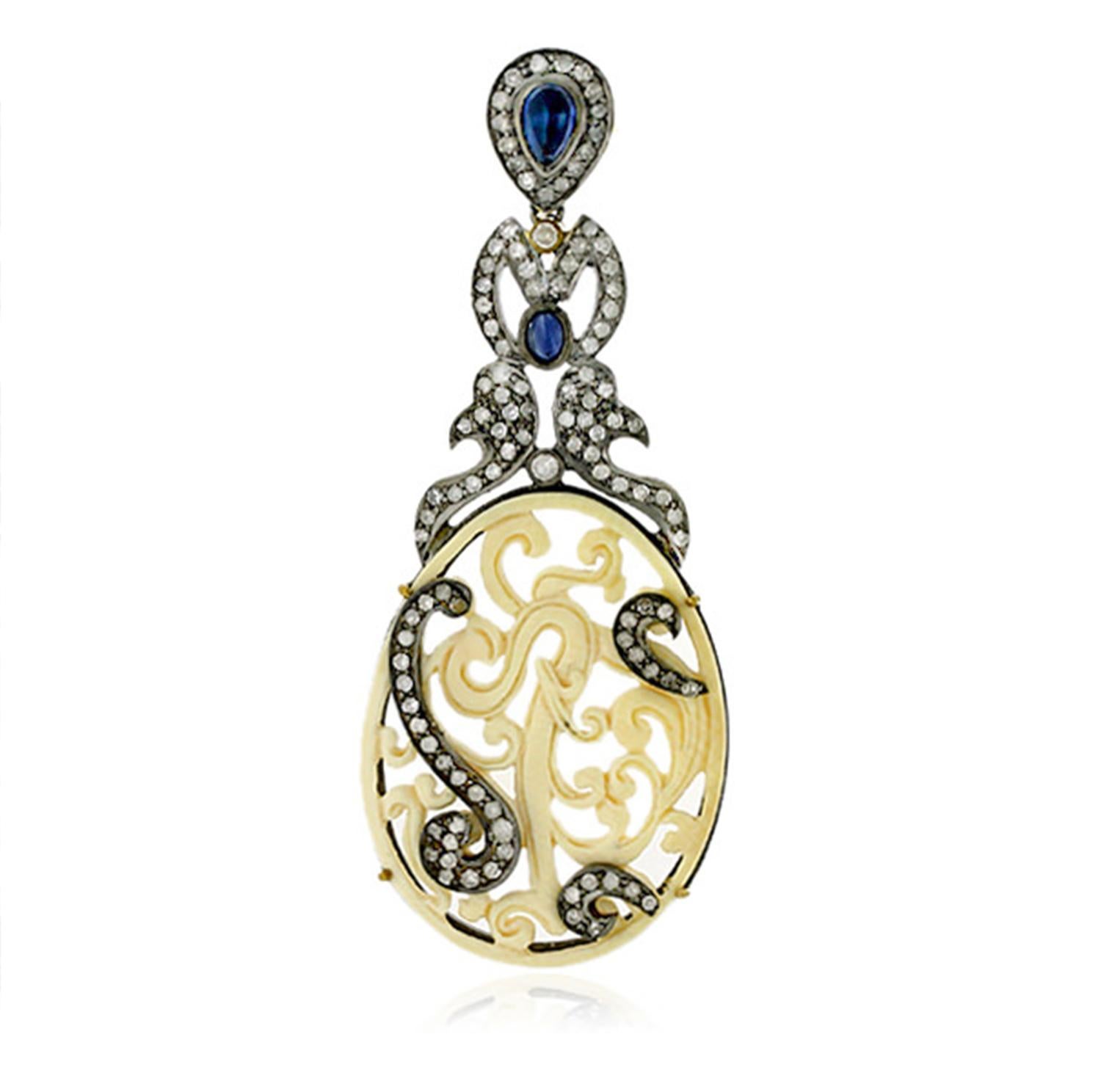 Carved Bone Dangle Earrings With Sapphires and Diamonds 25.65 Carats ...