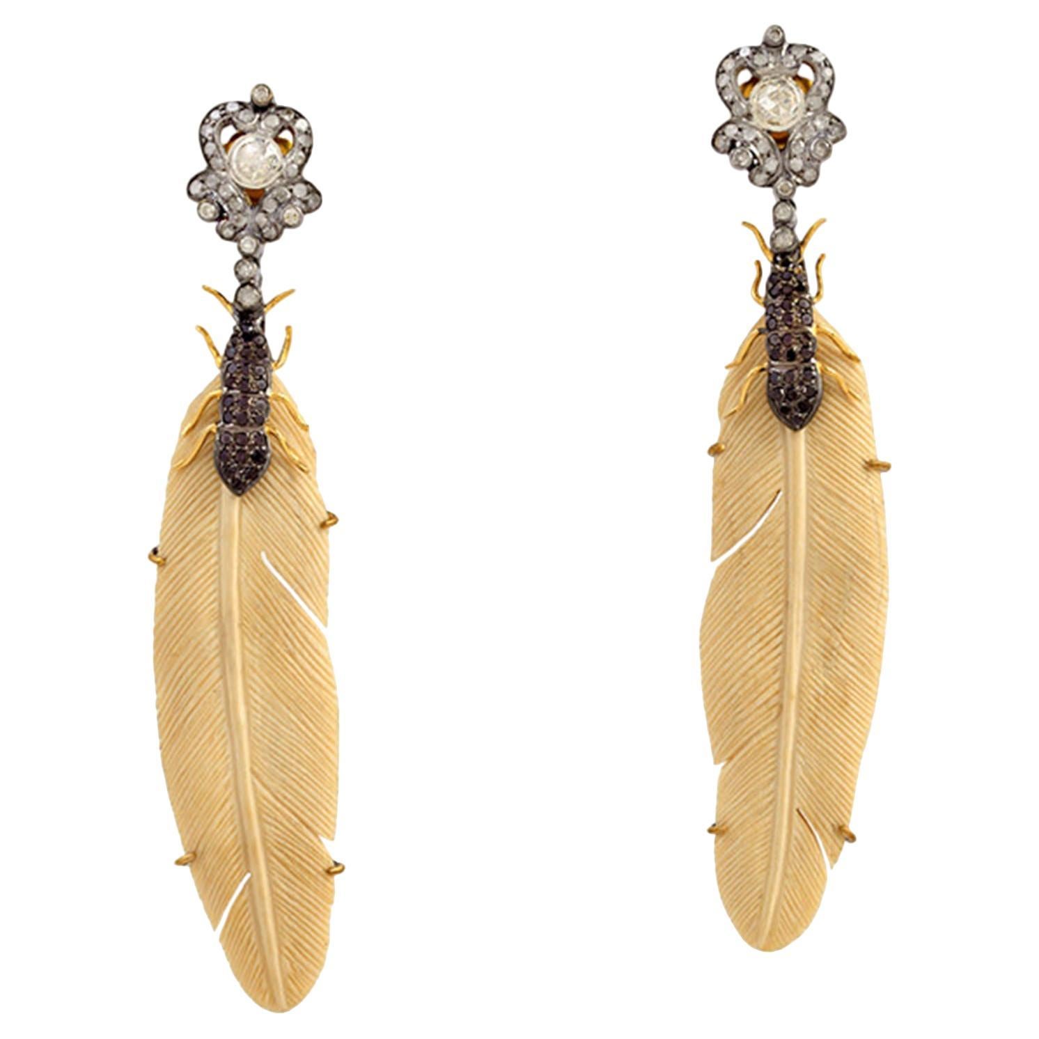 Carved Bone Feather Dangle Earrings With Diamonds 39.77 Carats For Sale at 1stDibs