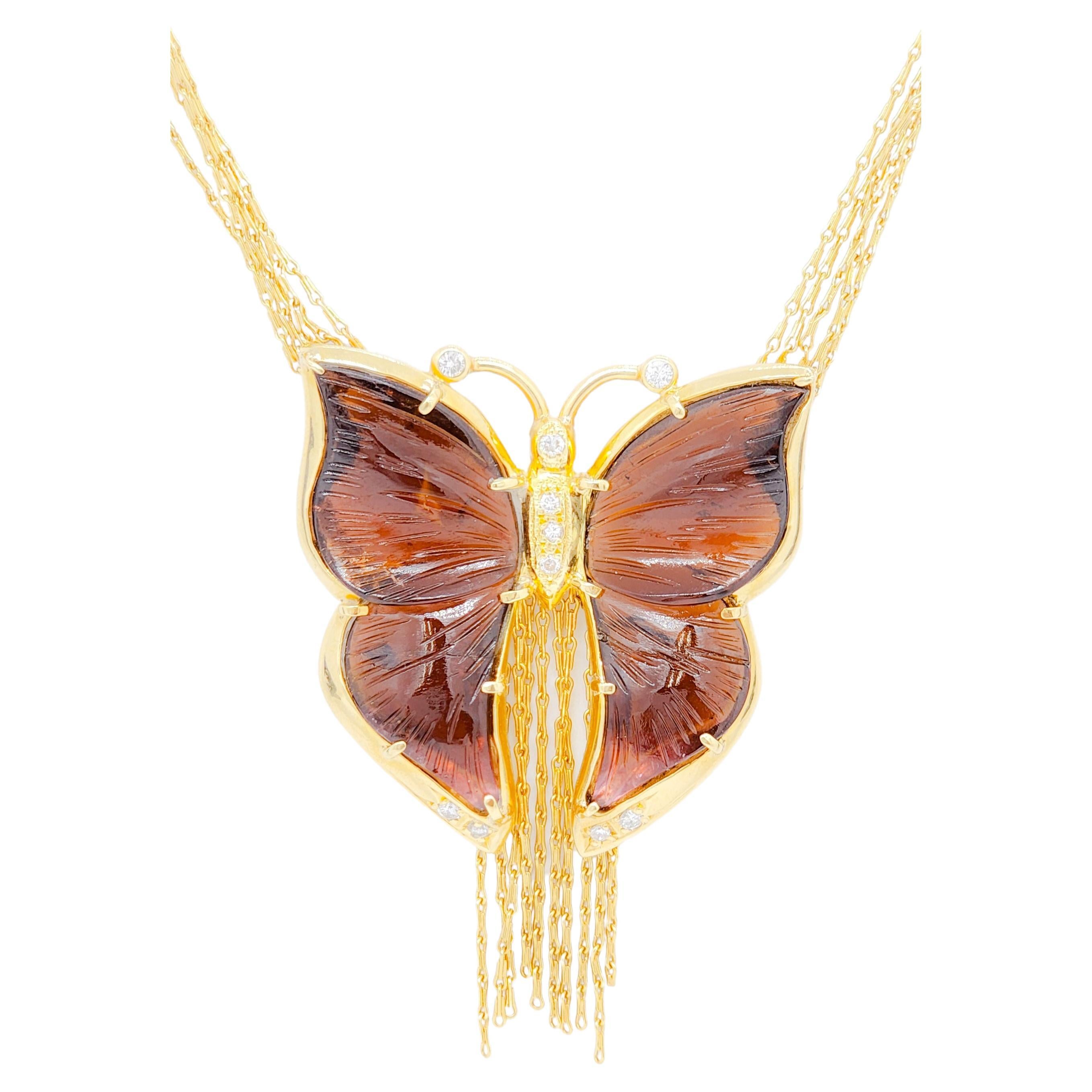 18 Karat Gold Butterfly Shaped Pink Tourmaline Diamond Pendant Necklace ...