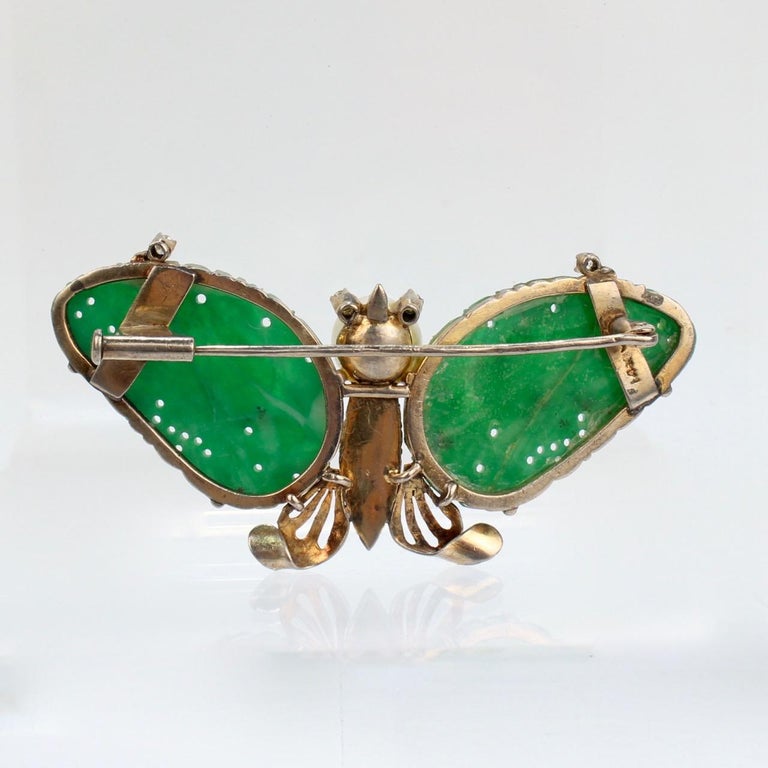 Carved Chinese Jade, 14 Karat Gold, and Pearl Figural Butterfly Brooch ...
