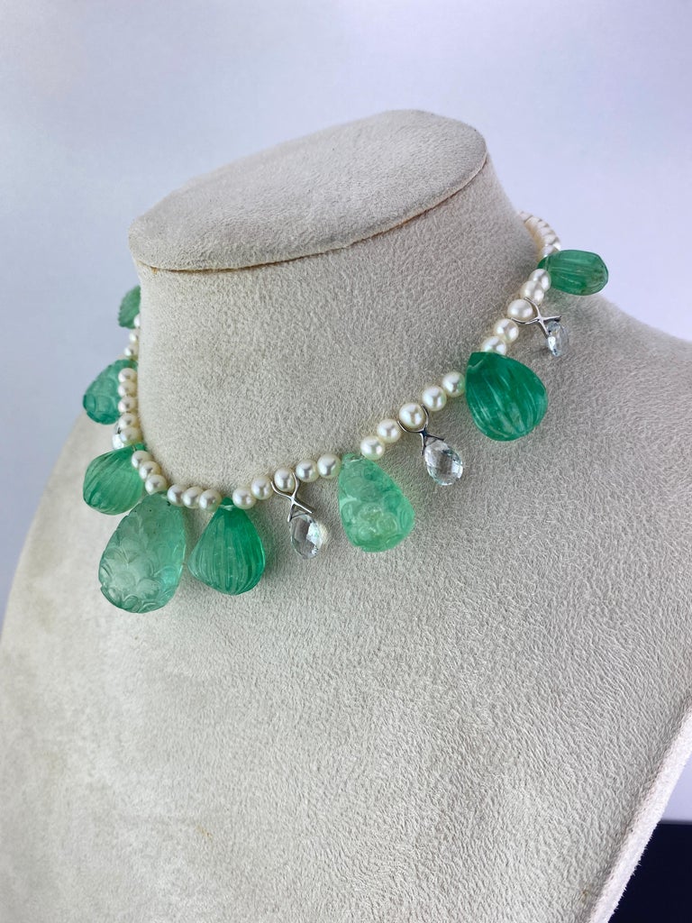 Carved Colombian Emerald and Pearl Necklace For Sale at 1stDibs