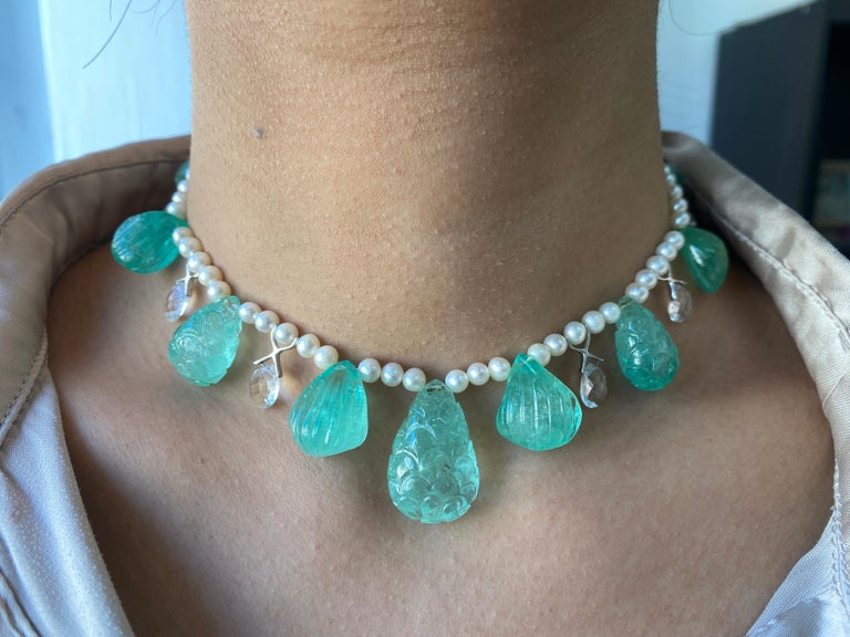 Carved Colombian Emerald and Pearl Necklace For Sale at 1stDibs