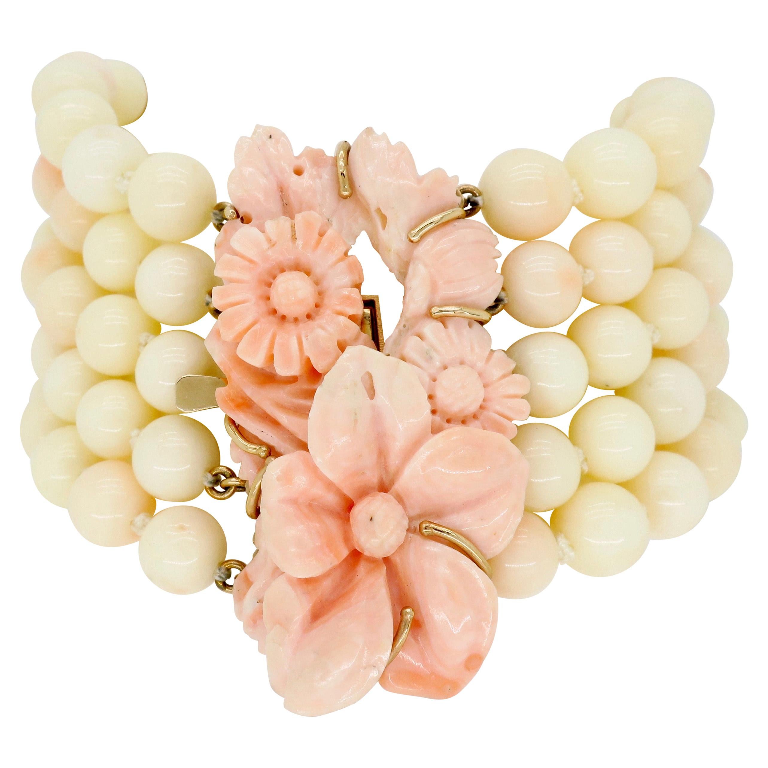 Carved Coral Bracelet Made with 14 Karat Yellow Gold at 1stDibs