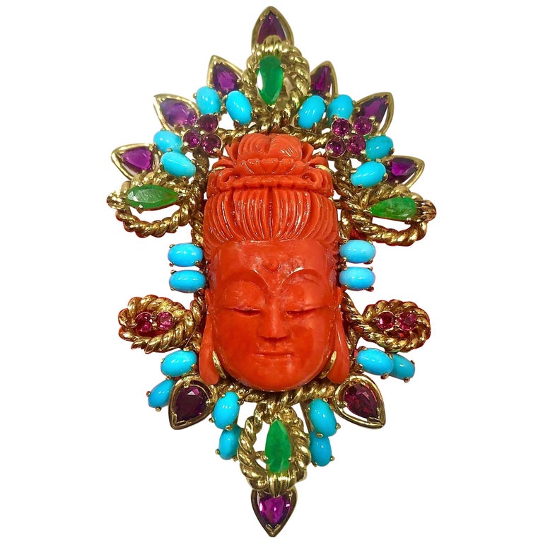 Carved Coral Buddha Brooch or Pendant in Yellow Gold For Sale at 1stDibs