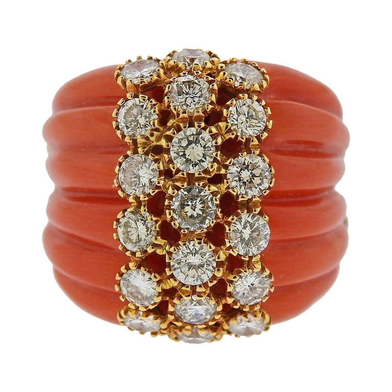 Carved Coral Diamond Gold Ring at 1stDibs
