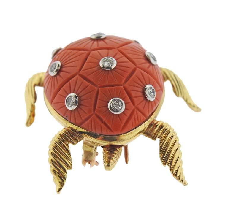 Carved Coral Diamond Ruby Gold Turtle Brooch at 1stDibs