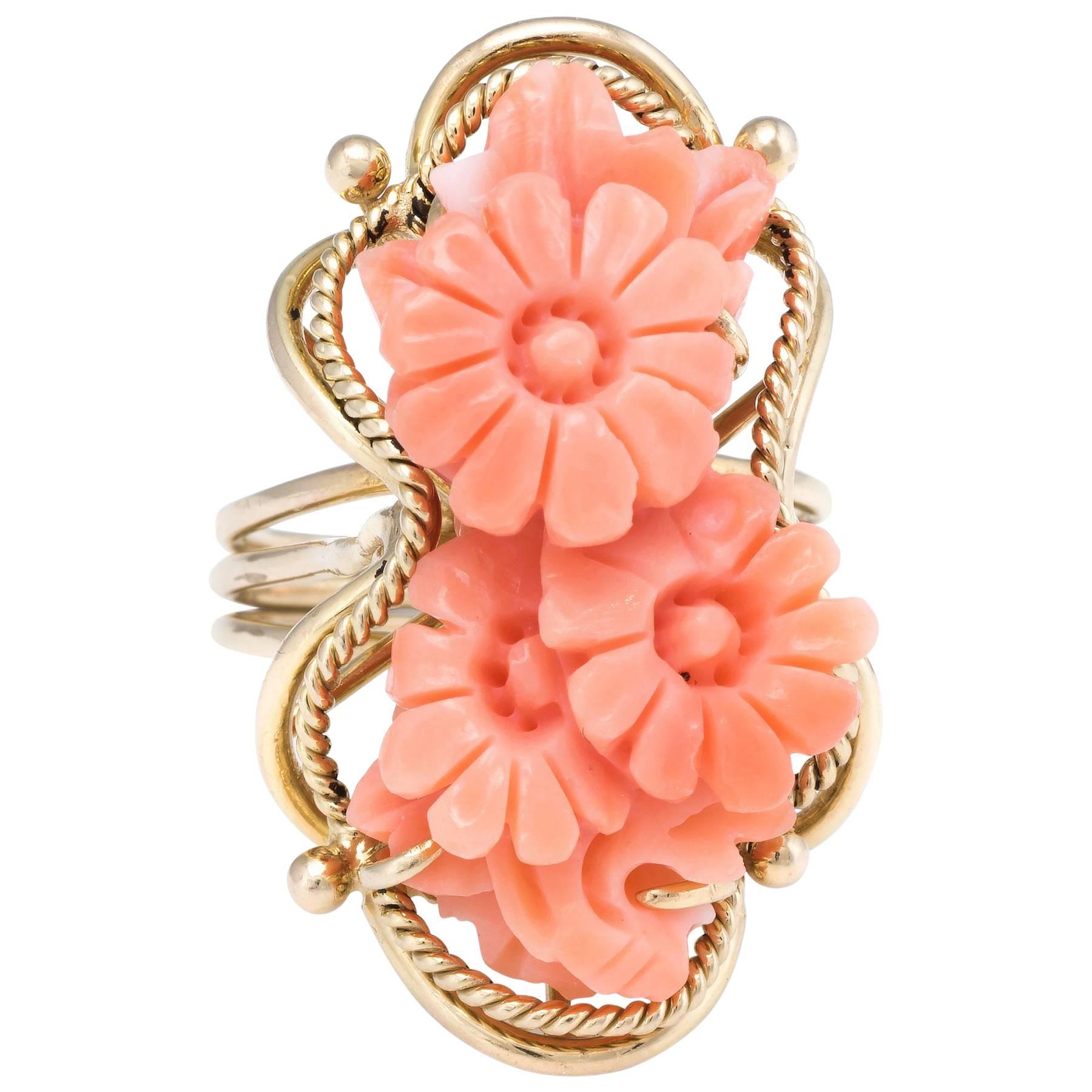 Carved Coral Flower Ring Vintage 14 Karat Yellow Gold at 1stDibs