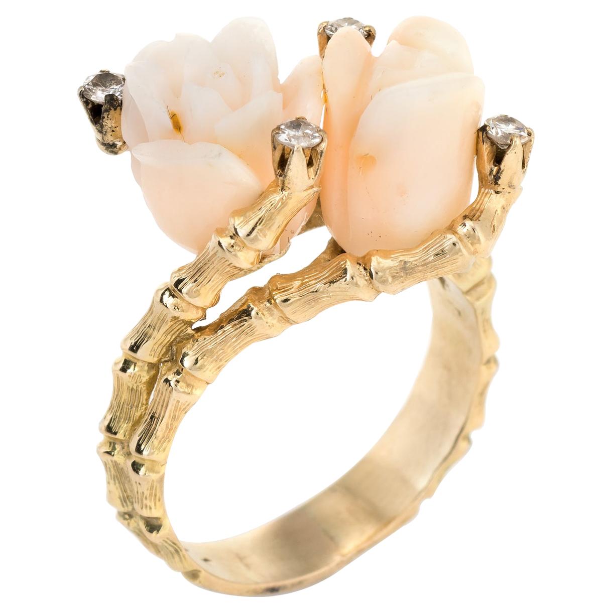 Vintage Carved Coral Ring Flowers 14 Karat Yellow Gold Cocktail Jewelry ...