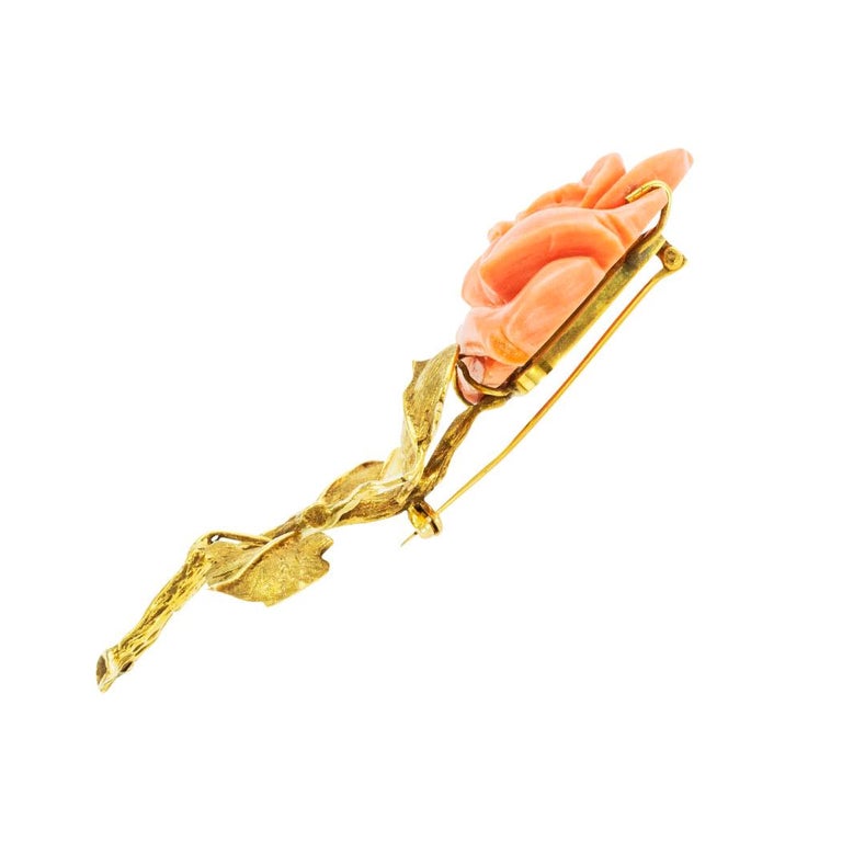 Carved Coral Rose Gold Brooch For Sale at 1stDibs