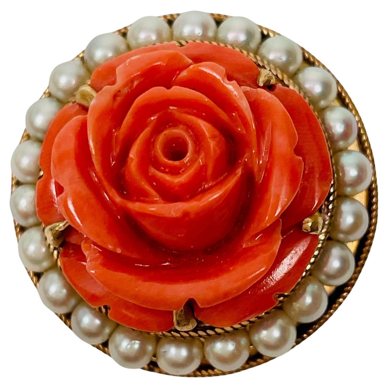 Carved Coral Rose Pearl Brooch For Sale at 1stDibs