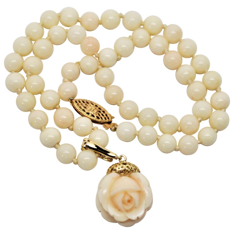 Carved Coral Rose Pendant Necklace at 1stDibs