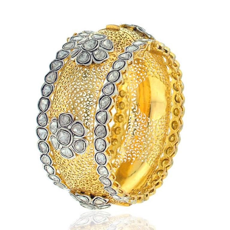 Gold Filigree Work Cuff With Rose Cut Diamonds In 18k Gold For Sale at ...