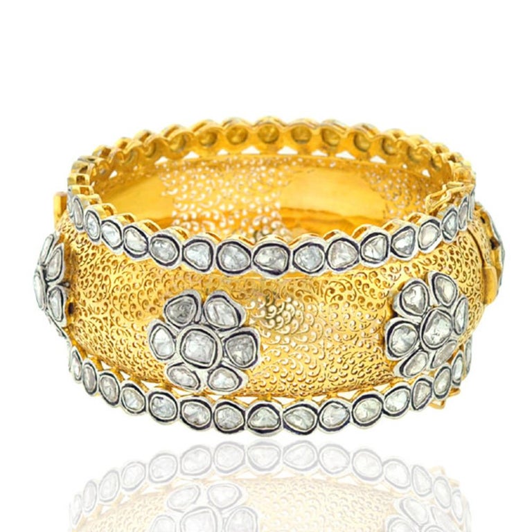 Gold Filigree Work Cuff With Rose Cut Diamonds In 18k Gold For Sale at ...
