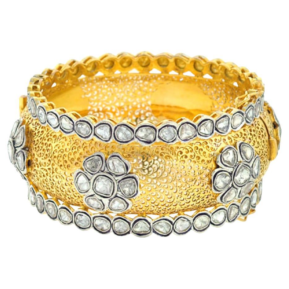 Emerald and Rose Cut Diamond Cuff Bracelet with Grill Pattern in 18k ...