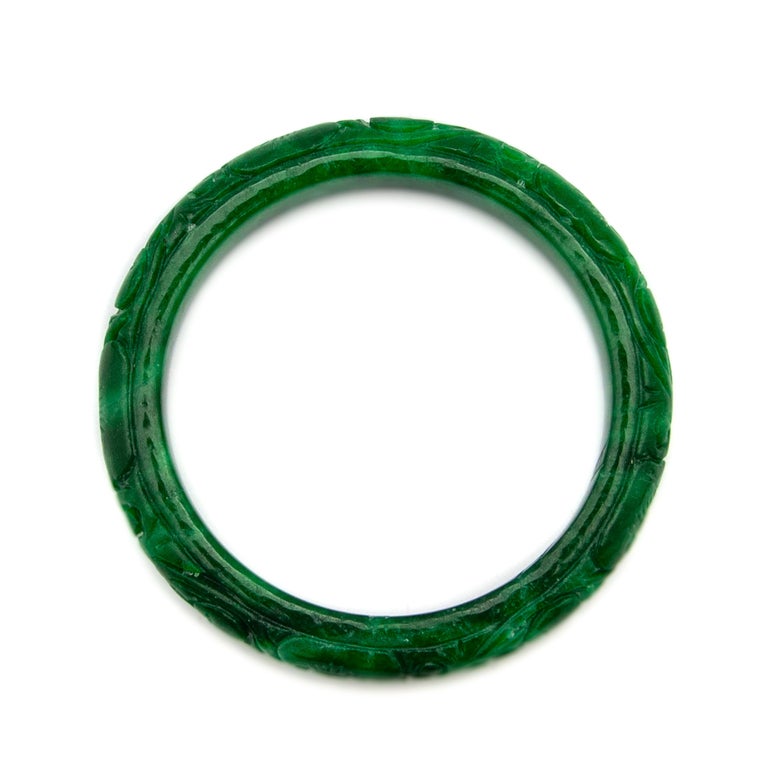 Floral Carved Green Jade Bangle Bracelet at 1stDibs | carved jade bracelet