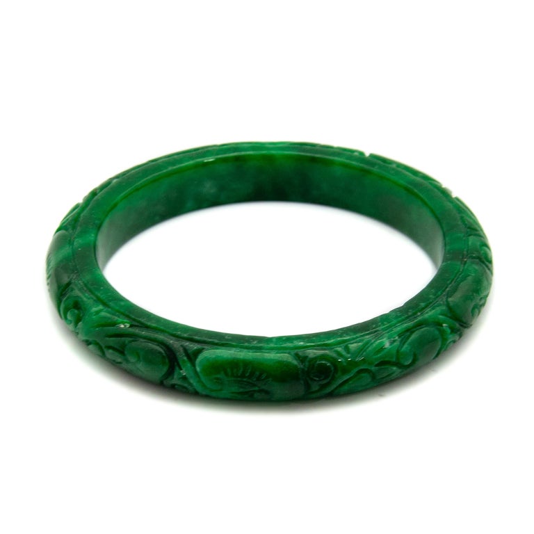 Floral Carved Green Jade Bangle Bracelet at 1stDibs | carved jade bracelet