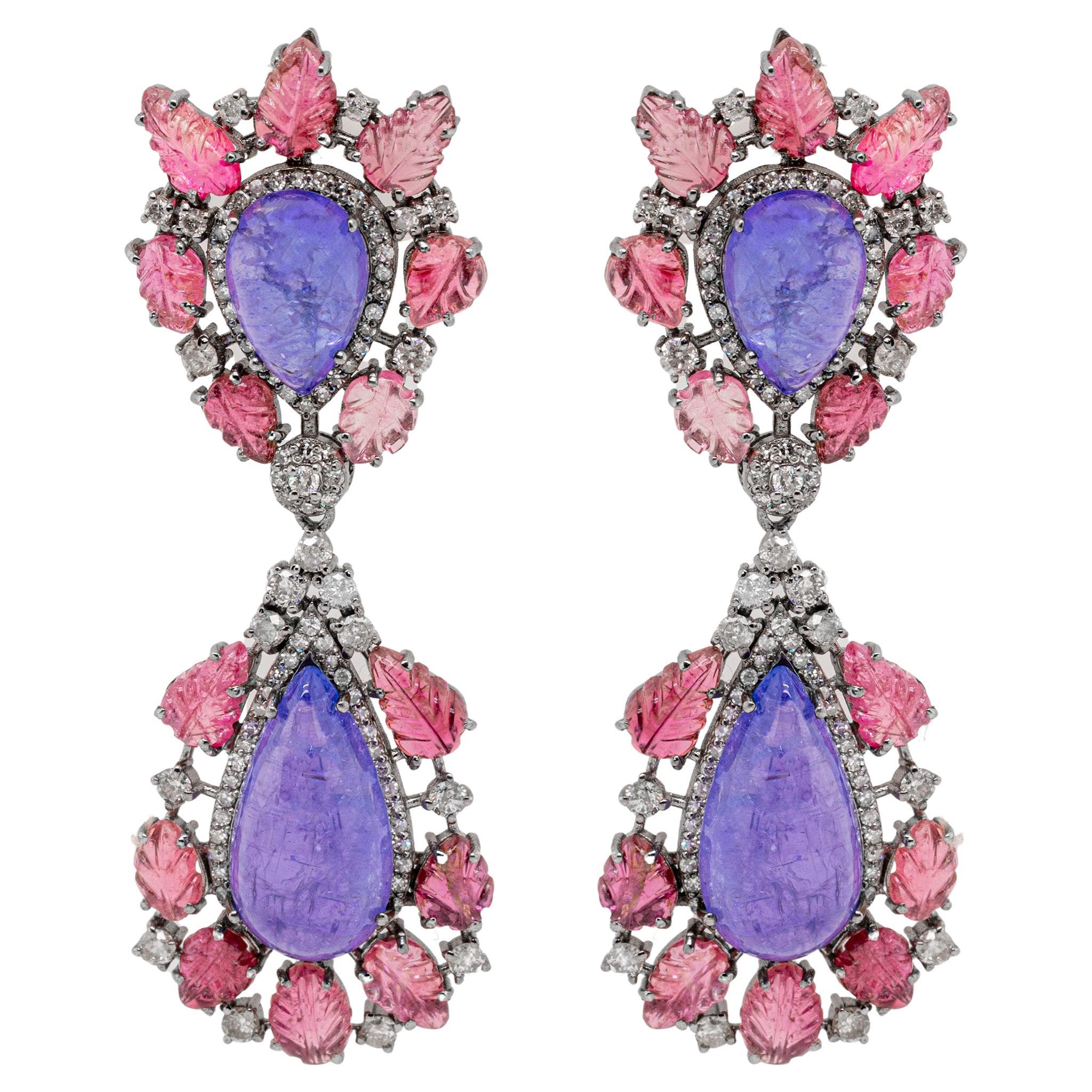 Carved Tanzanite Earring in Gold and Silver with Diamonds For Sale at ...