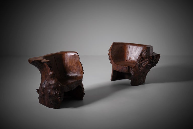 Carved Elm Wooden Free Form Chairs, France, 1970s For Sale at 1stDibs