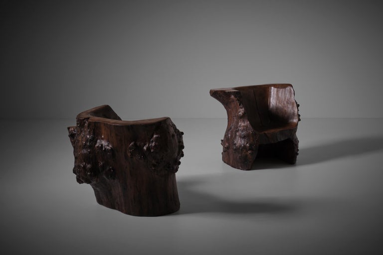 Carved Elm Wooden Free Form Chairs, France, 1970s For Sale at 1stDibs