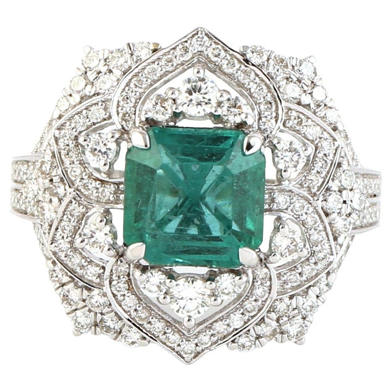 Carved Emerald Cocktail Ring with Filigree Work and Diamonds in 18k ...