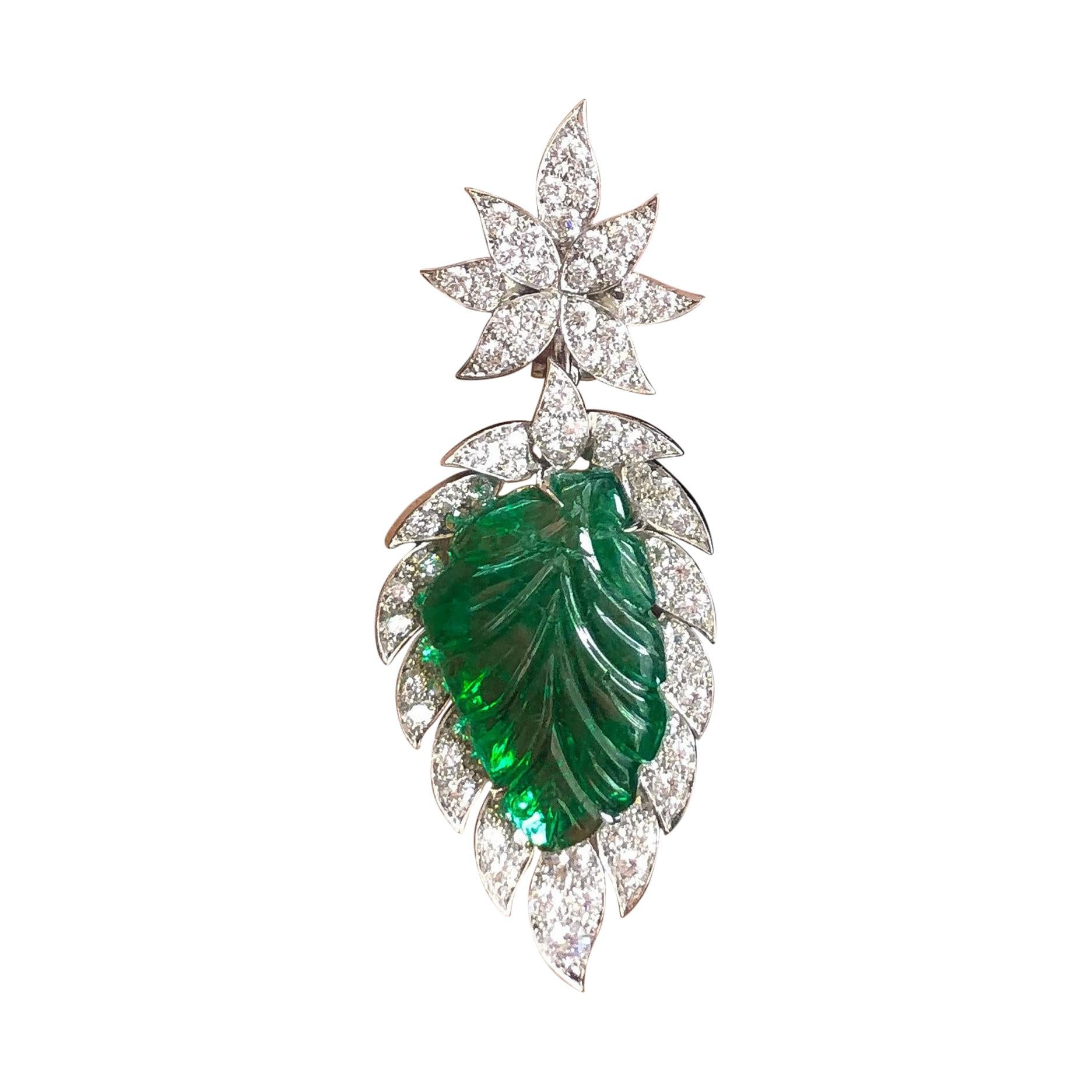 Emerald and Diamond Leaf Earrings For Sale at 1stDibs