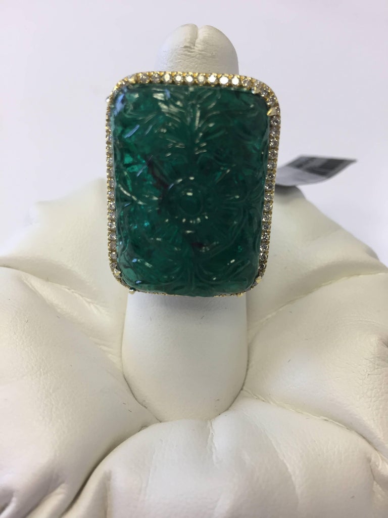 Carved Emerald Rectangle with White Diamonds Cocktail Ring For Sale at ...