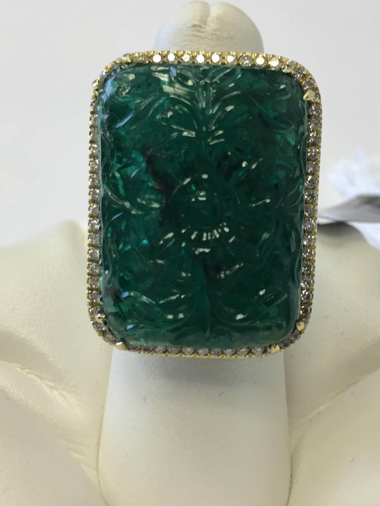 Carved Emerald Rectangle with White Diamonds Cocktail Ring For Sale at ...