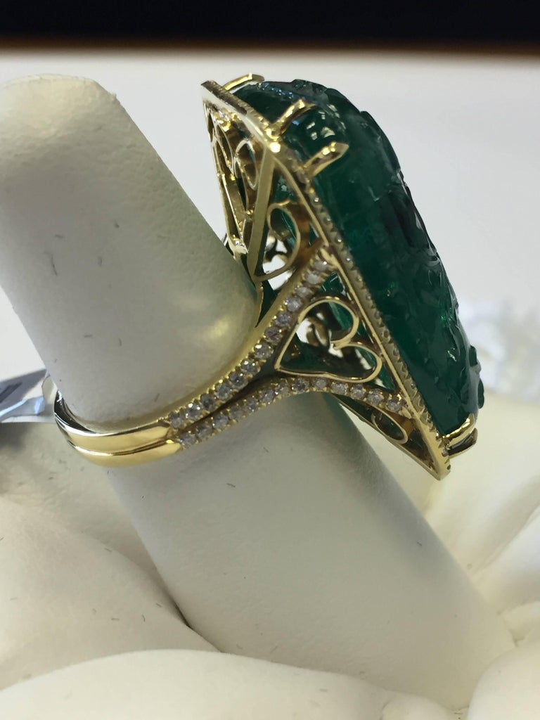 Carved Emerald Rectangle with White Diamonds Cocktail Ring For Sale at ...