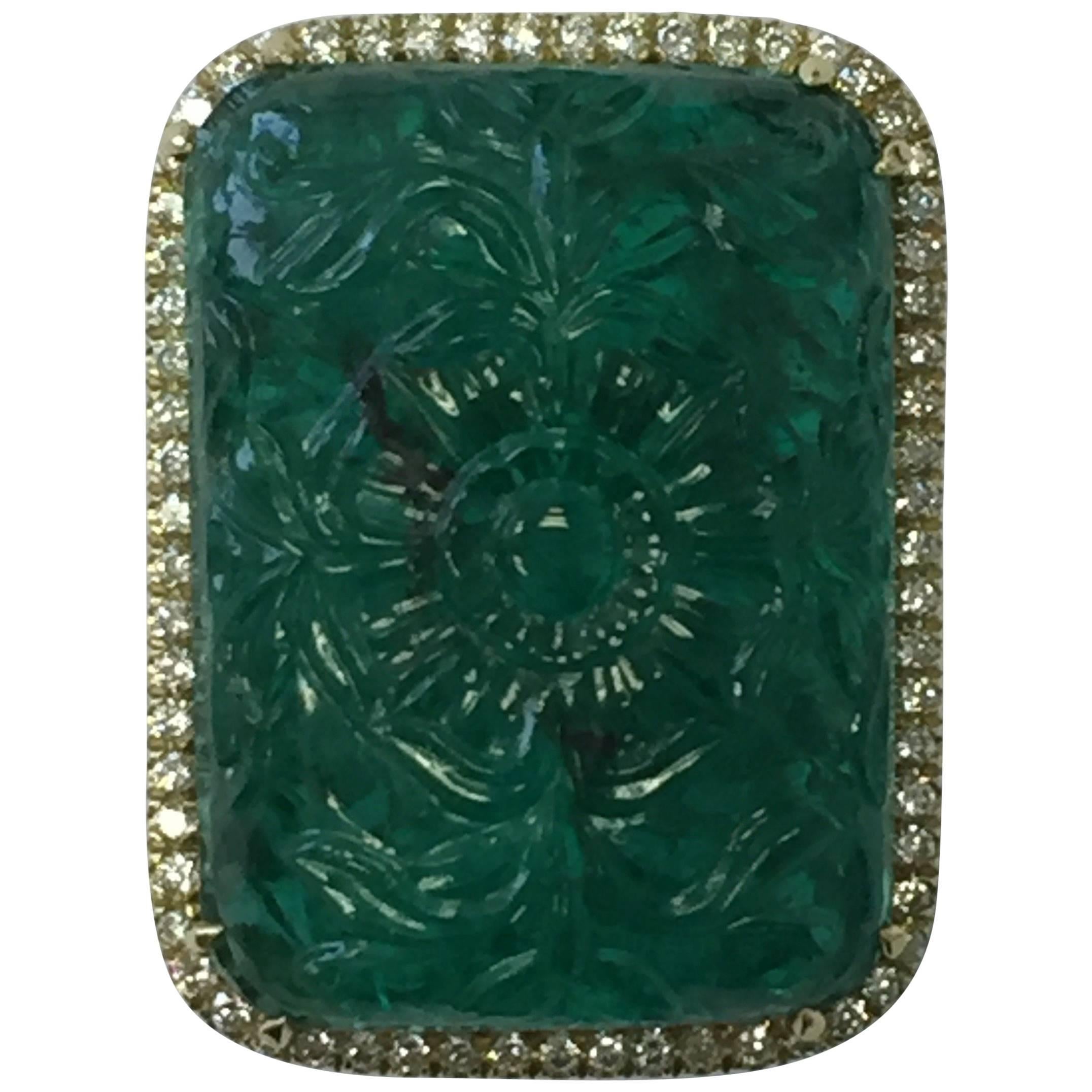 Carved Emerald Rectangle with White Diamonds Cocktail Ring For Sale at ...