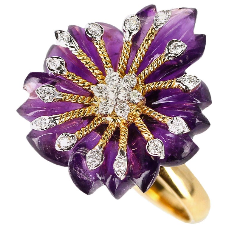 Carved Floral Amethyst Ring with Diamonds at 1stDibs