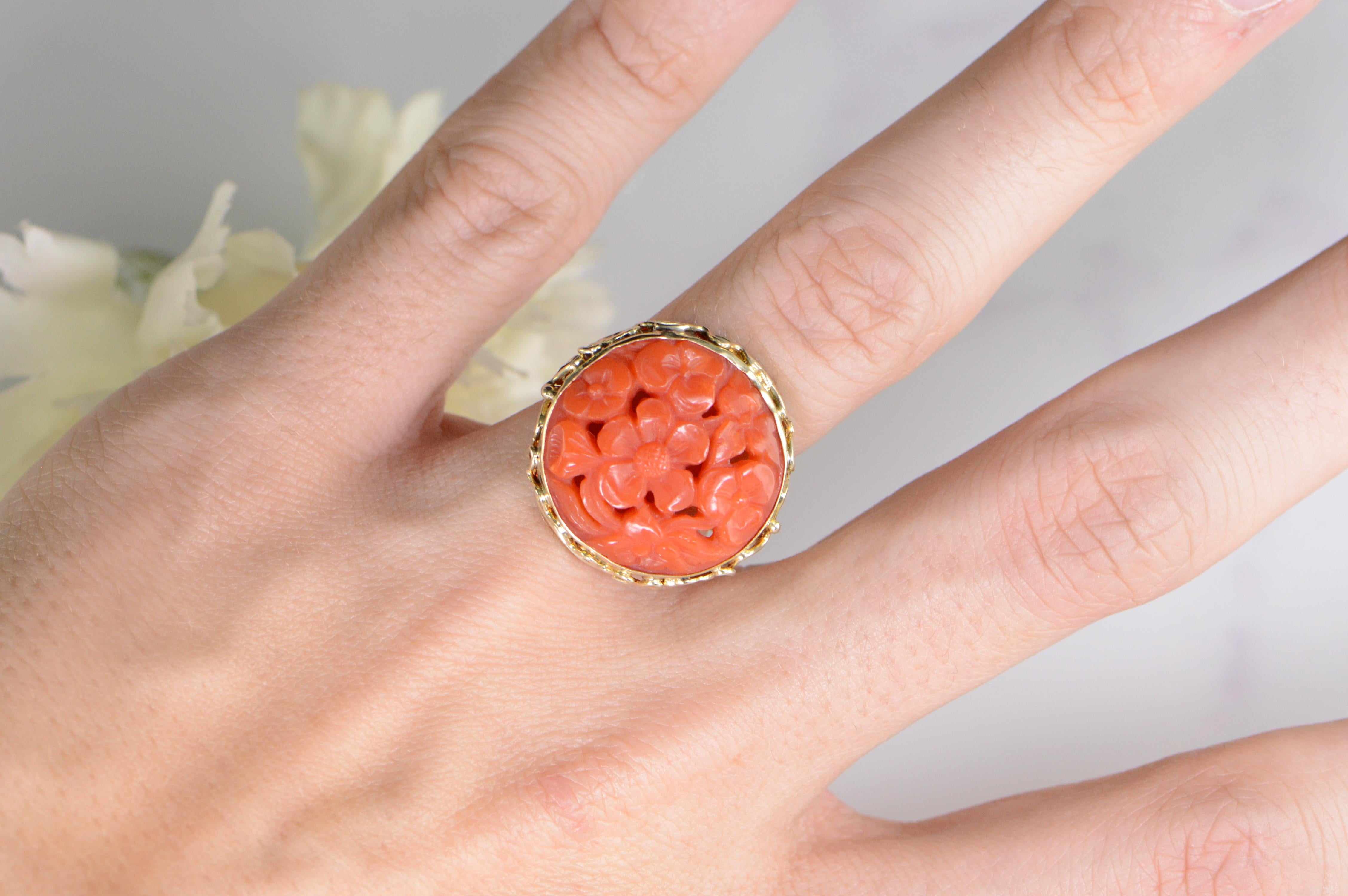 Carved Floral Coral Gold Ring For Sale at 1stDibs