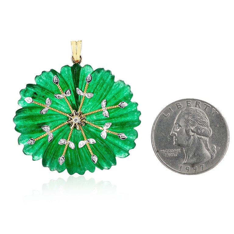 Carved Floral Jade Pendant with Diamonds, 14K For Sale at 1stDibs