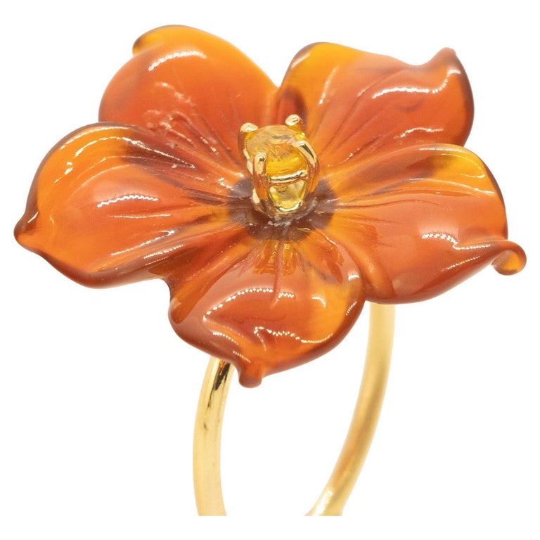 Carved Flower Agate Sapphire 18 Karat Yellow Gold Cocktail Ring Intini ...