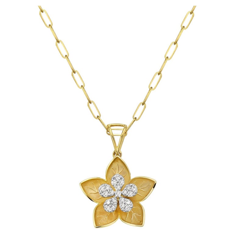 Carved Flower Shaped Pendant with Diamonds Made in 14k Yellow Gold For ...