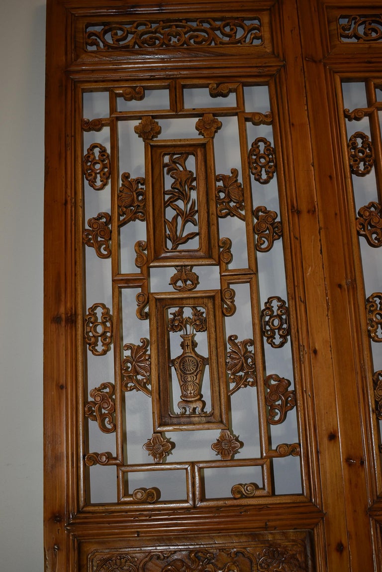 Carved Four-Panel Asian Style Screen Flowers Vases and Dragons For Sale ...