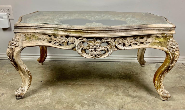 Carved French Rococo Style Carved Wood Tea Table with Glass Top at ...
