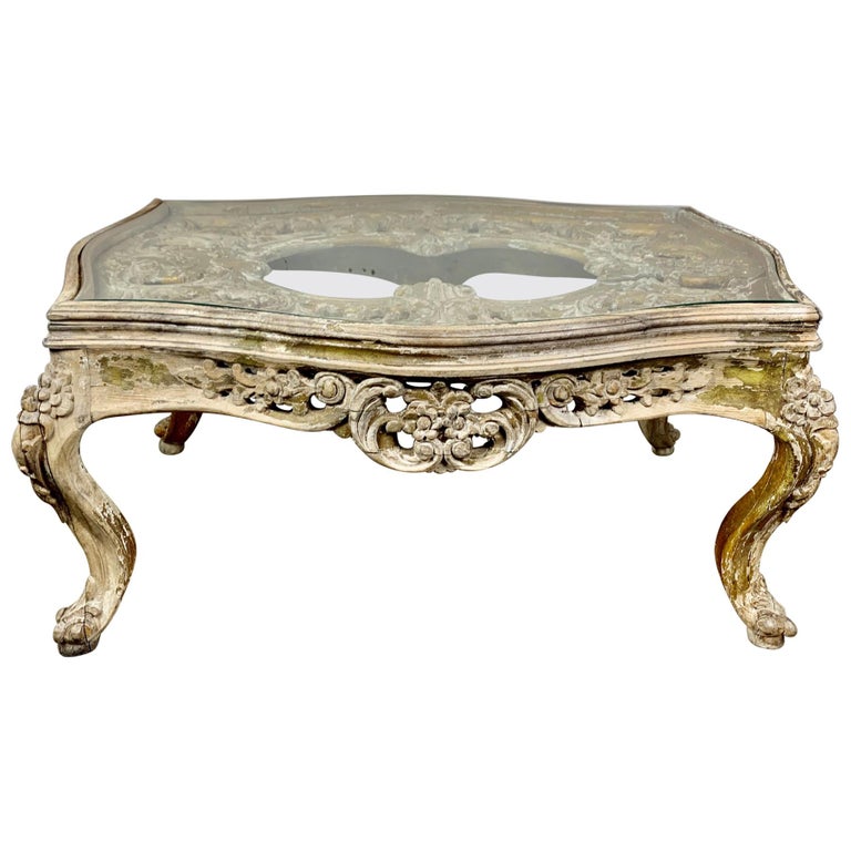 Carved French Rococo Style Carved Wood Tea Table with Glass Top at ...