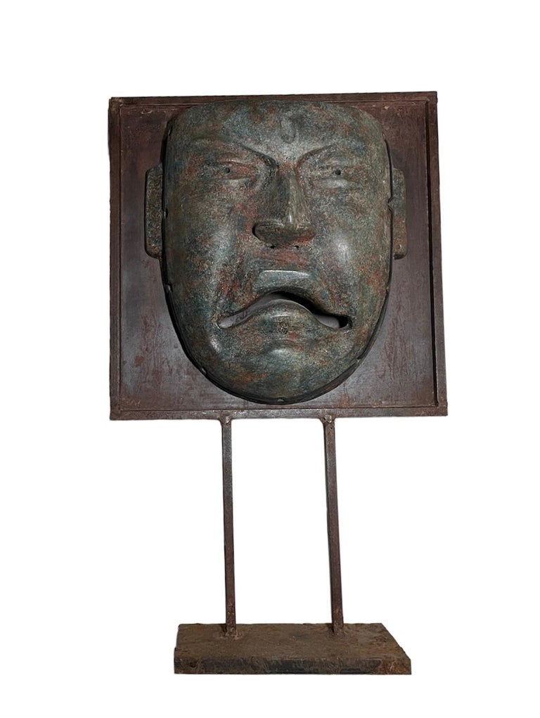 Carved Green Stone Like Mask Of The Moon With Stand For Sale at 1stDibs