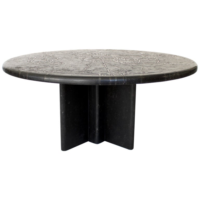 Black Marble Round Low French Coffee Table Carved Engraved or Incised ...