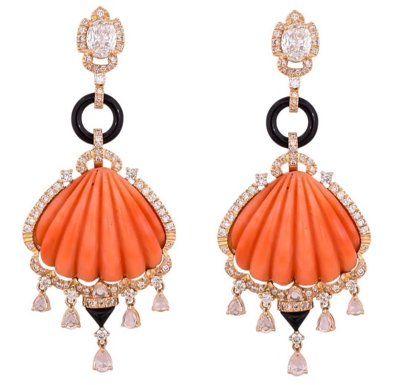 Carved Italian Coral, Onyx and Diamond Dangle Earrings at 1stDibs ...