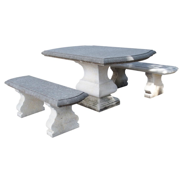Carved Italian Limestone Garden Table with Matching Stone Benches at ...