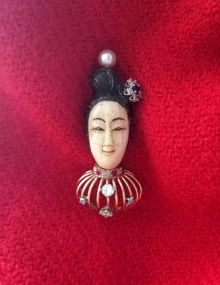 Carved Asian Face Set in 14k Gold Pin w Diamonds Rubies Sapphire and ...