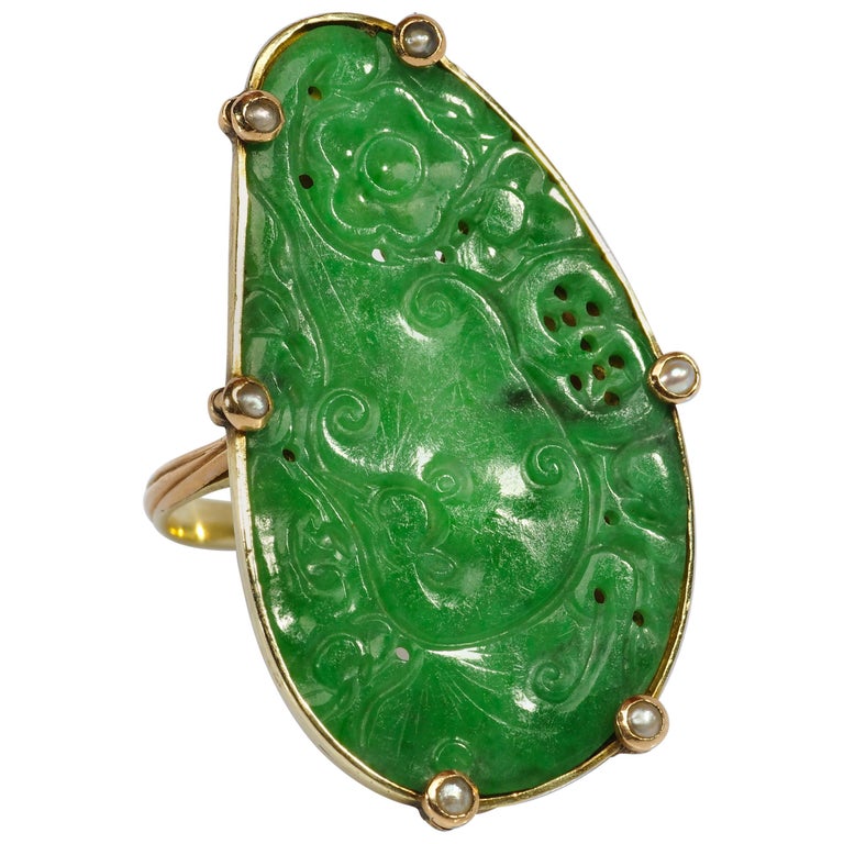 Carved Jade and Pearl Ring in Gold Certified Untreated Art Deco at ...