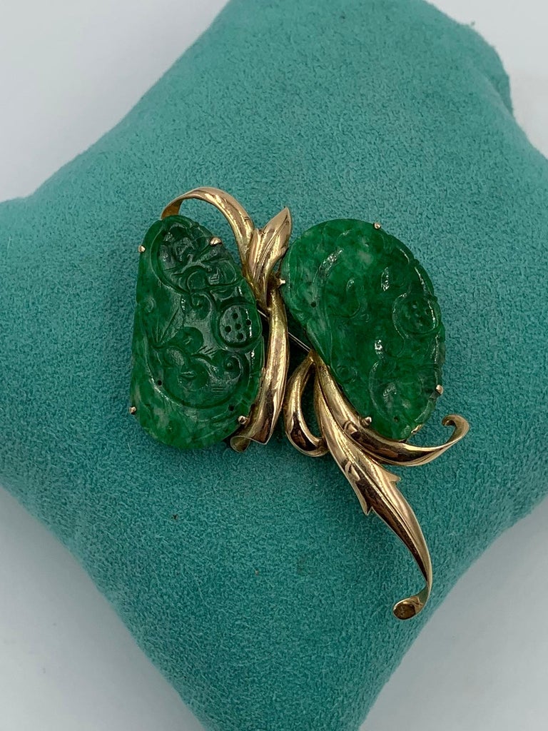 Carved Jade Brooch Pin 14 Karat Gold H.K. Antique Mid-Century Modernist ...